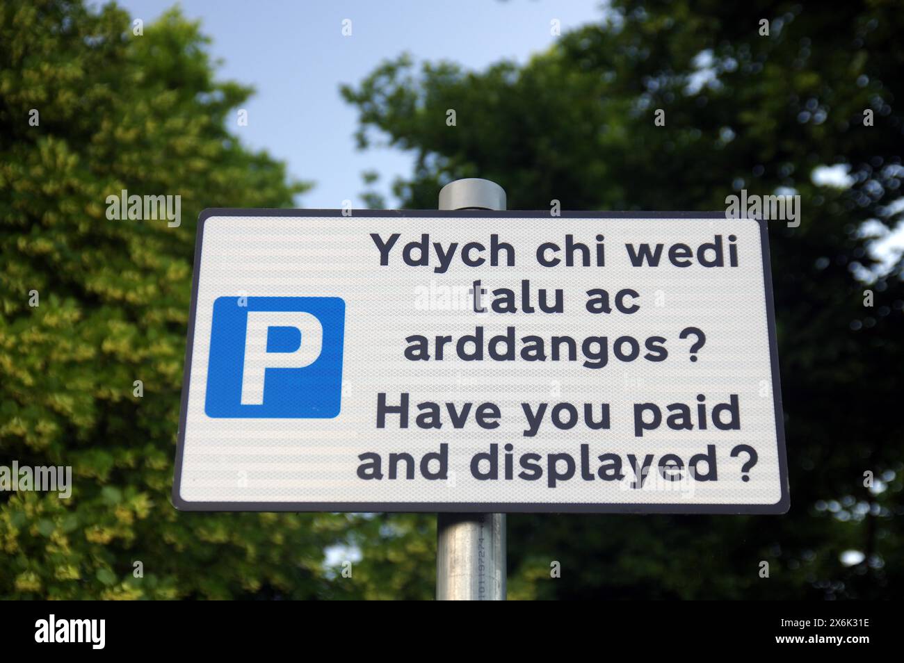 Welsh and English language on a sign in a car park, Wales, Great ...