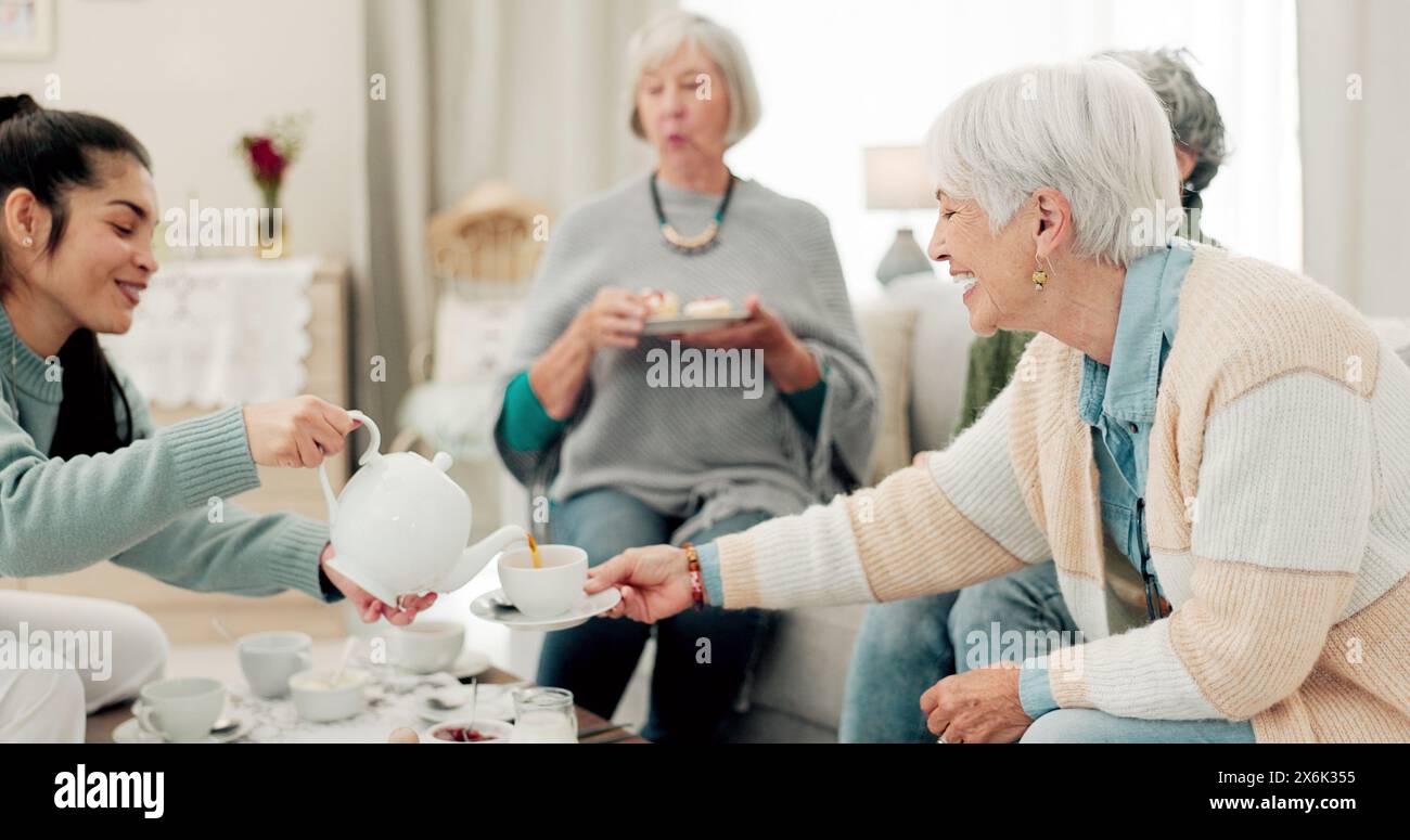 Senior women, tea and friends at a retirement home for quality time ...