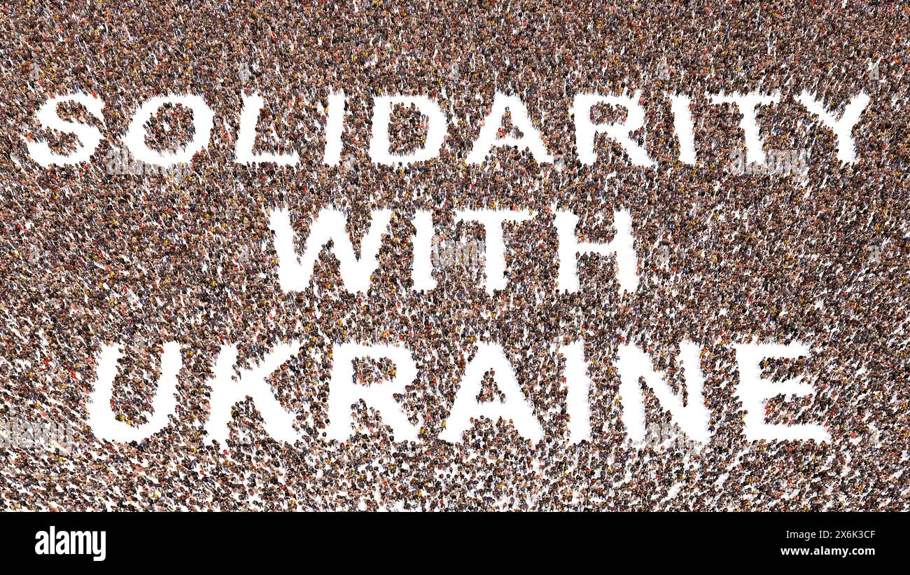 Conceptual large community of people forming SOLIDARITY WITH UKRAINE ...