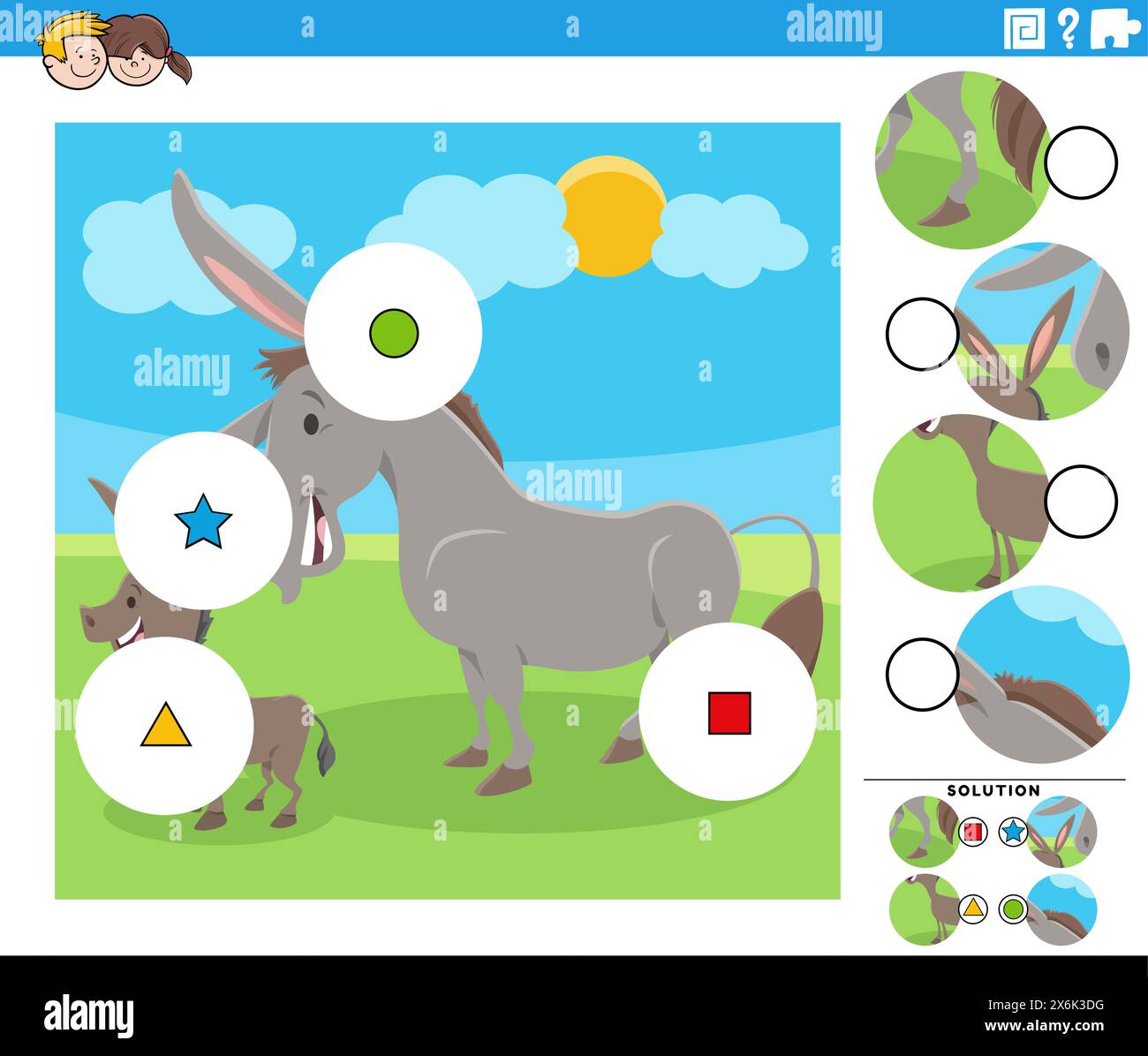 Cartoon illustration of educational match the pieces jigsaw puzzle ...