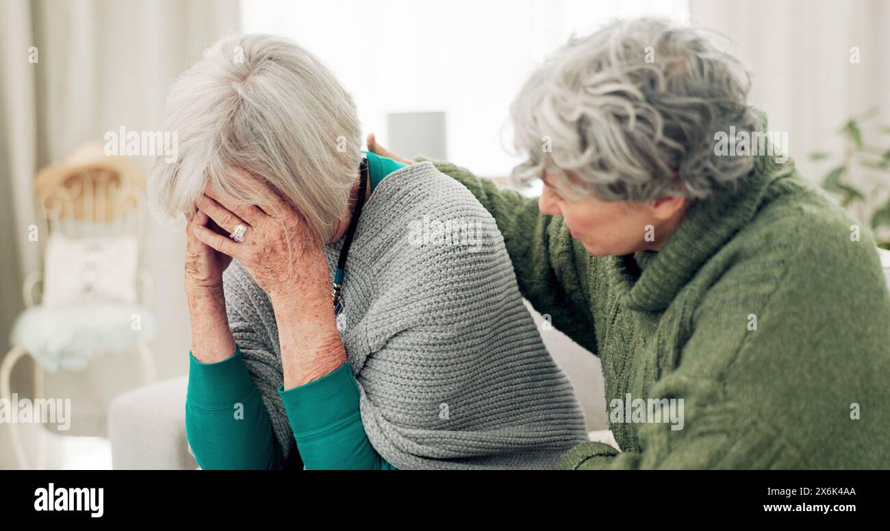 Empathy, sad and senior woman crying for loss, grief or depression in ...