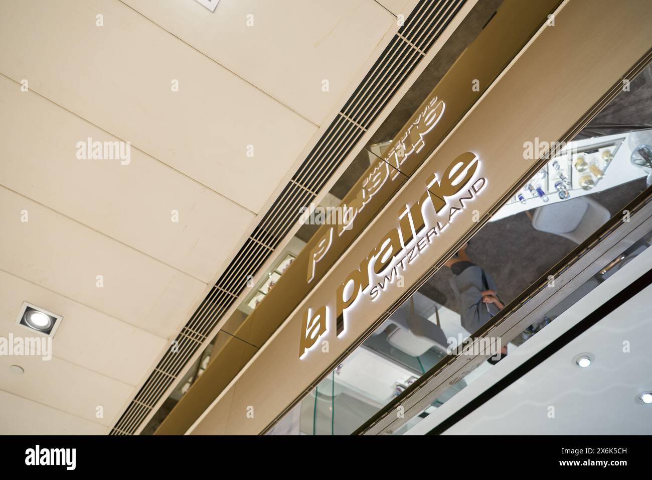 HONG KONG, CHINA - DECEMBER 04, 2023: close up shot of La Prairie sign as seen in New Town Plaza ...