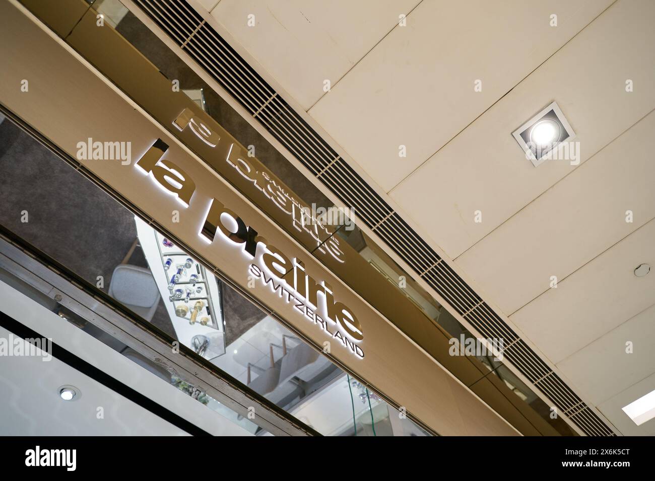 HONG KONG, CHINA - DECEMBER 04, 2023: close up shot of La Prairie sign as seen in New Town Plaza ...