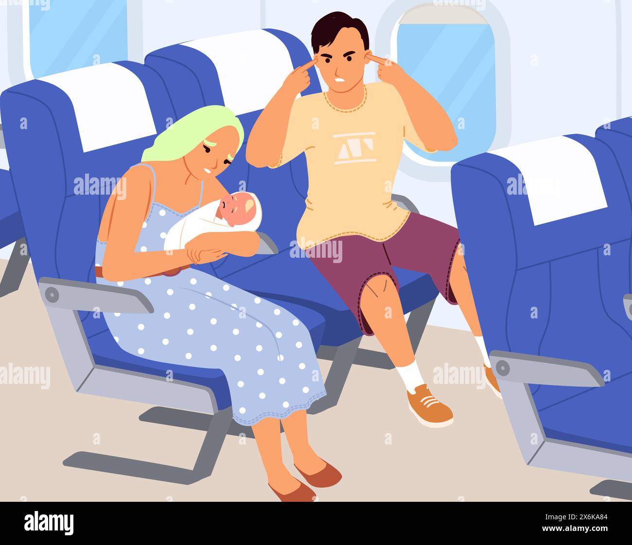 Airplane passenger problem scene with crying baby and upset man Stock ...