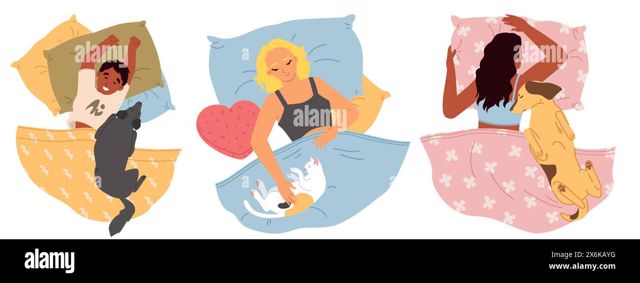 Set of cartoon relaxed people sleeping with pets in bed Stock Vector ...