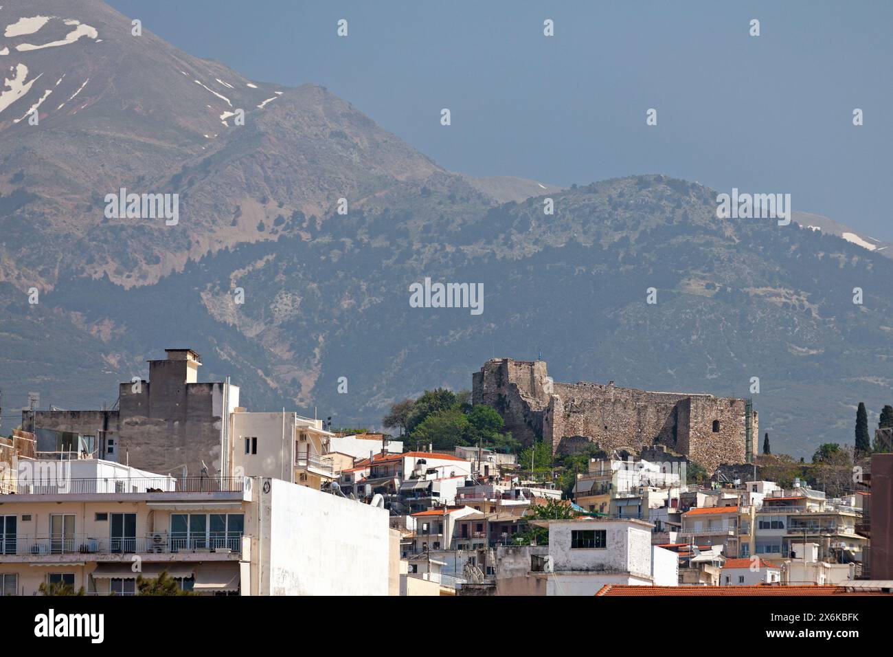 Patras, Greece - April 26 2019: Patra Castle with behind the Panachaiko ...