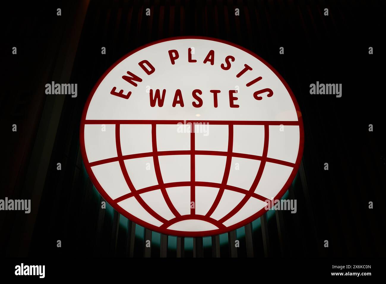 SINGAPORE - NOVEMBER 06, 2023: close up shot of End Plastic Waste sign ...
