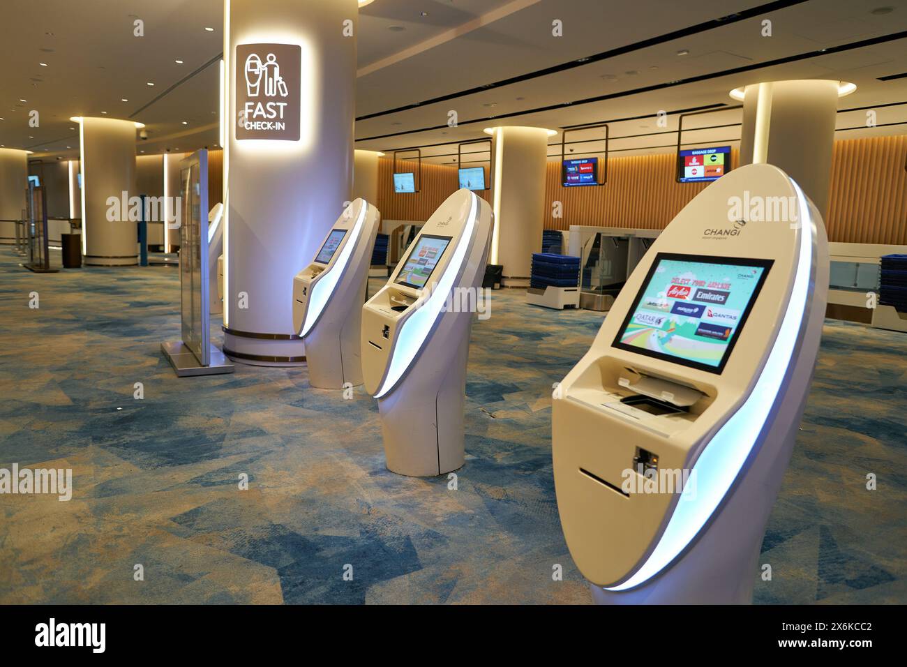 SINGAPORE - NOVEMBER 06, 2023: self-service facilities at the Early Check-in Lounge inside Jewel ...