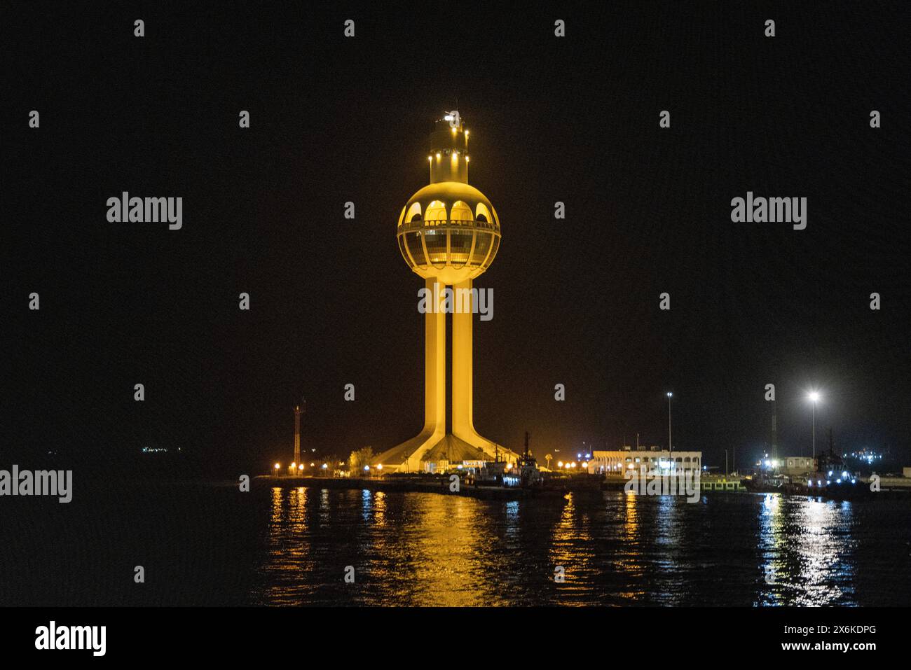 Illuminated Jeddah Port Control Tower in the port at night, Jeddah ...