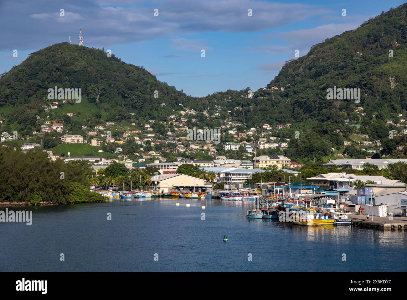 Fishing boats in the harbor and houses on the hillside, Victoria, Mahé ...