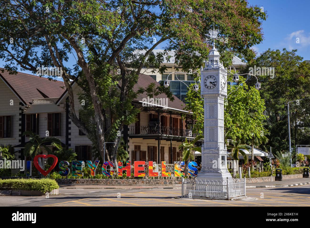 Victoria Clock Tower and "I love Seychelles" sign in the city center ...
