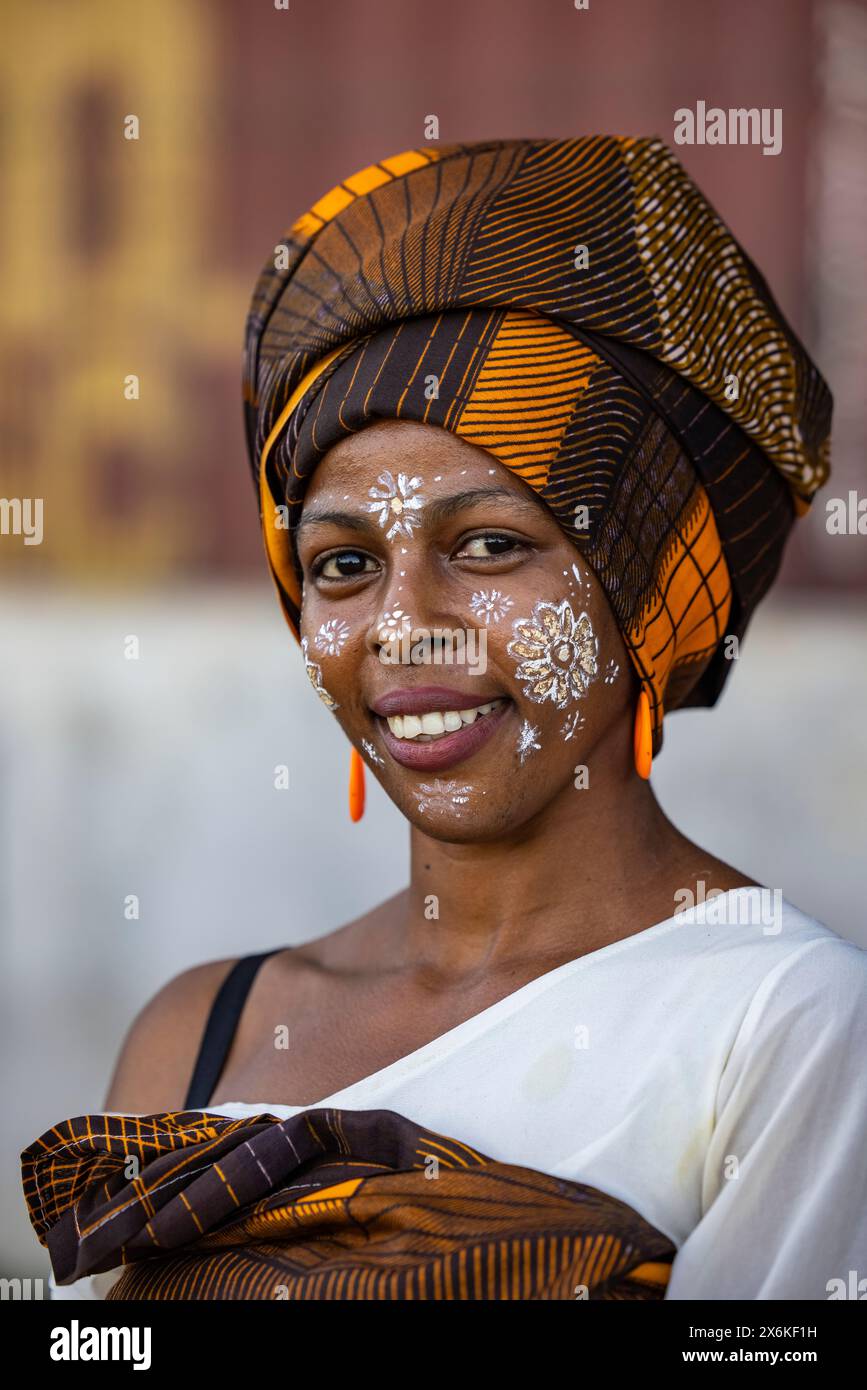 Happy woman with decorative face painting from Masonjoany, Mahajanga ...