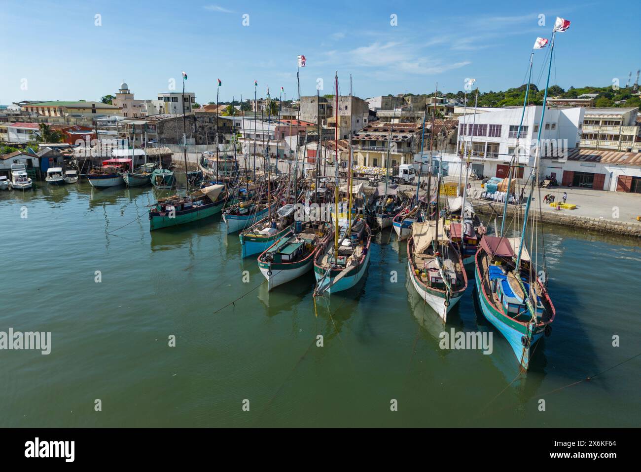 Aerial view of traditional sailing house in the harbor, Mahajanga ...