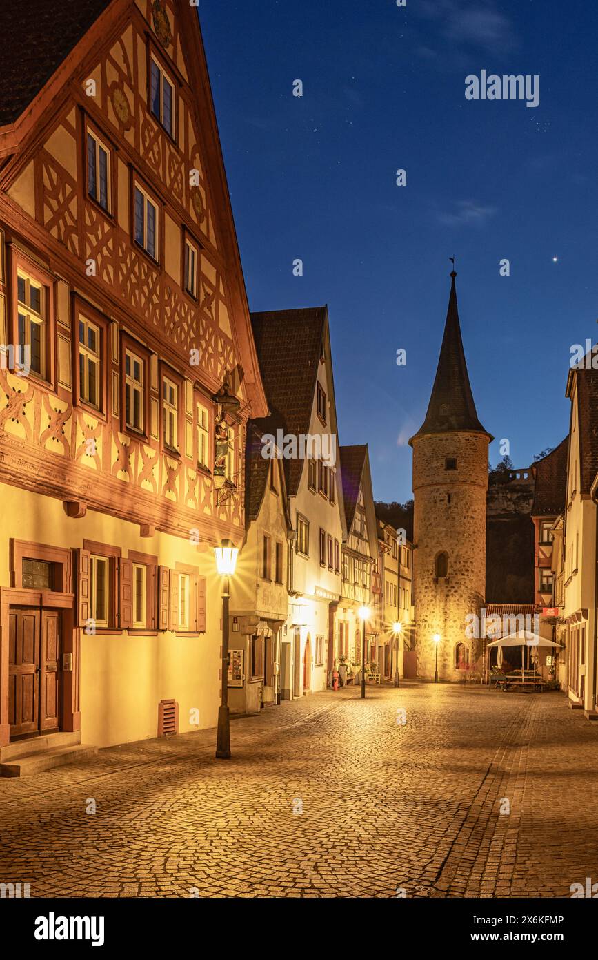 View into Maingasse at blue hour, Karlstadt, Lower Franconia, Franconia ...