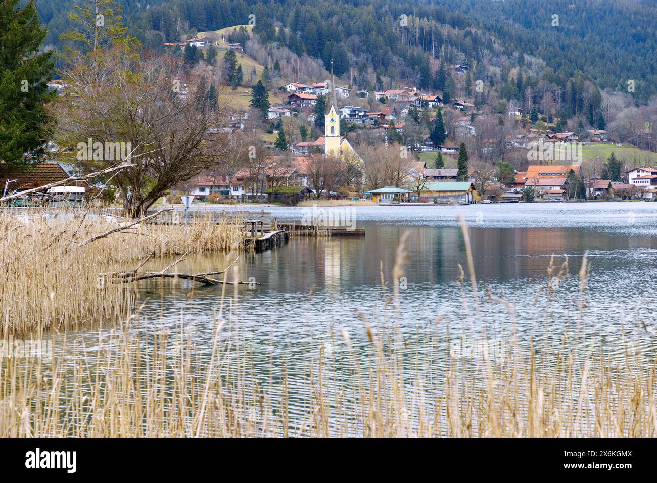 Lake view over the Schliersee to the town of Schliersee in Upper ...