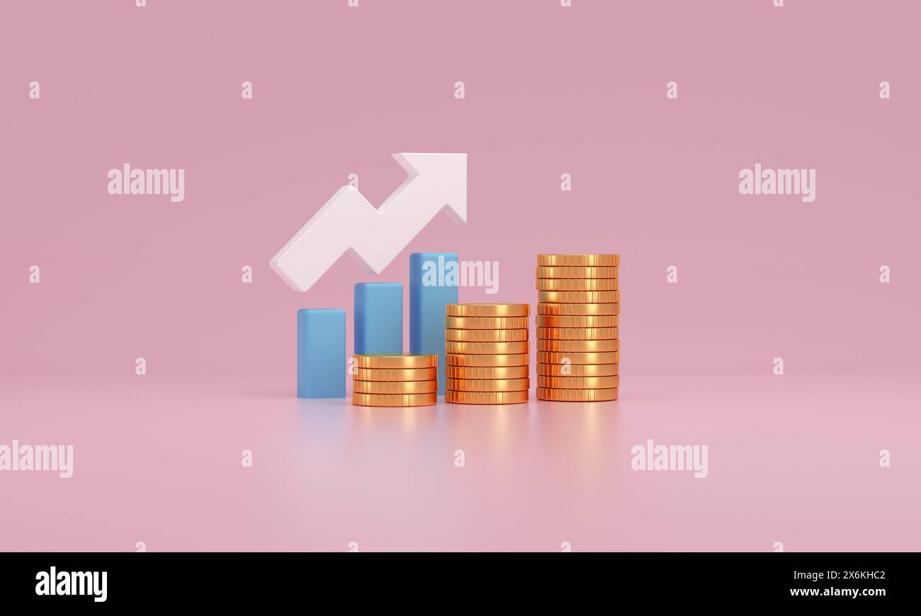 3D illustration depicting financial growth, featuring a white upward arrow among rising blue bar ...