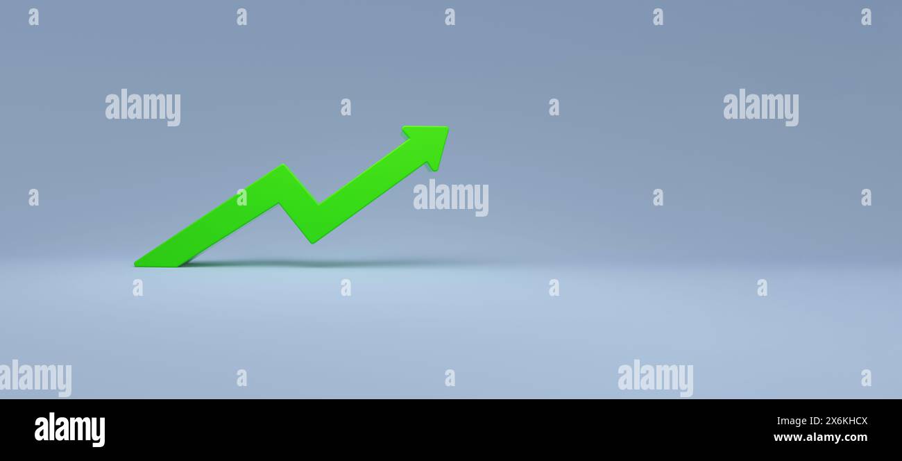 3D illustration of a bright green upward arrow, symbolizing growth or ...
