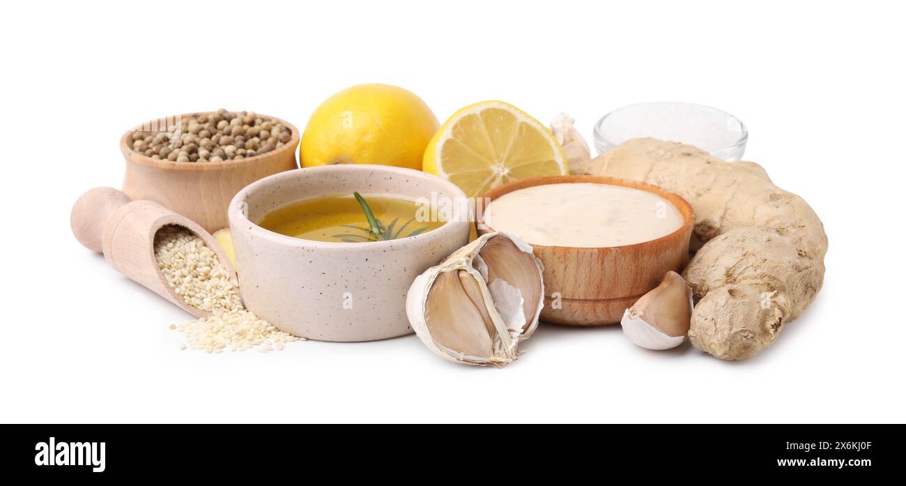 Fresh marinade and different ingredients on white background Stock ...