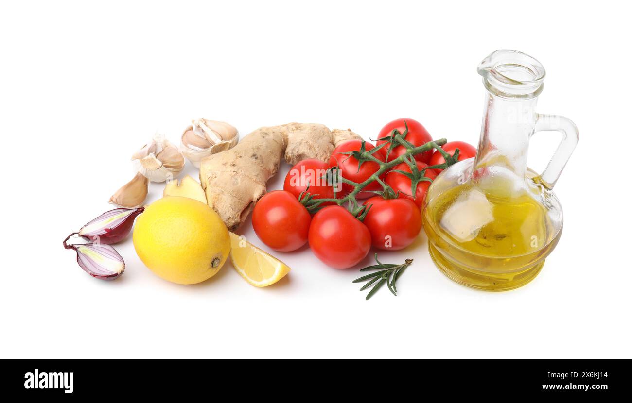 Different fresh ingredients for marinade on white background Stock ...