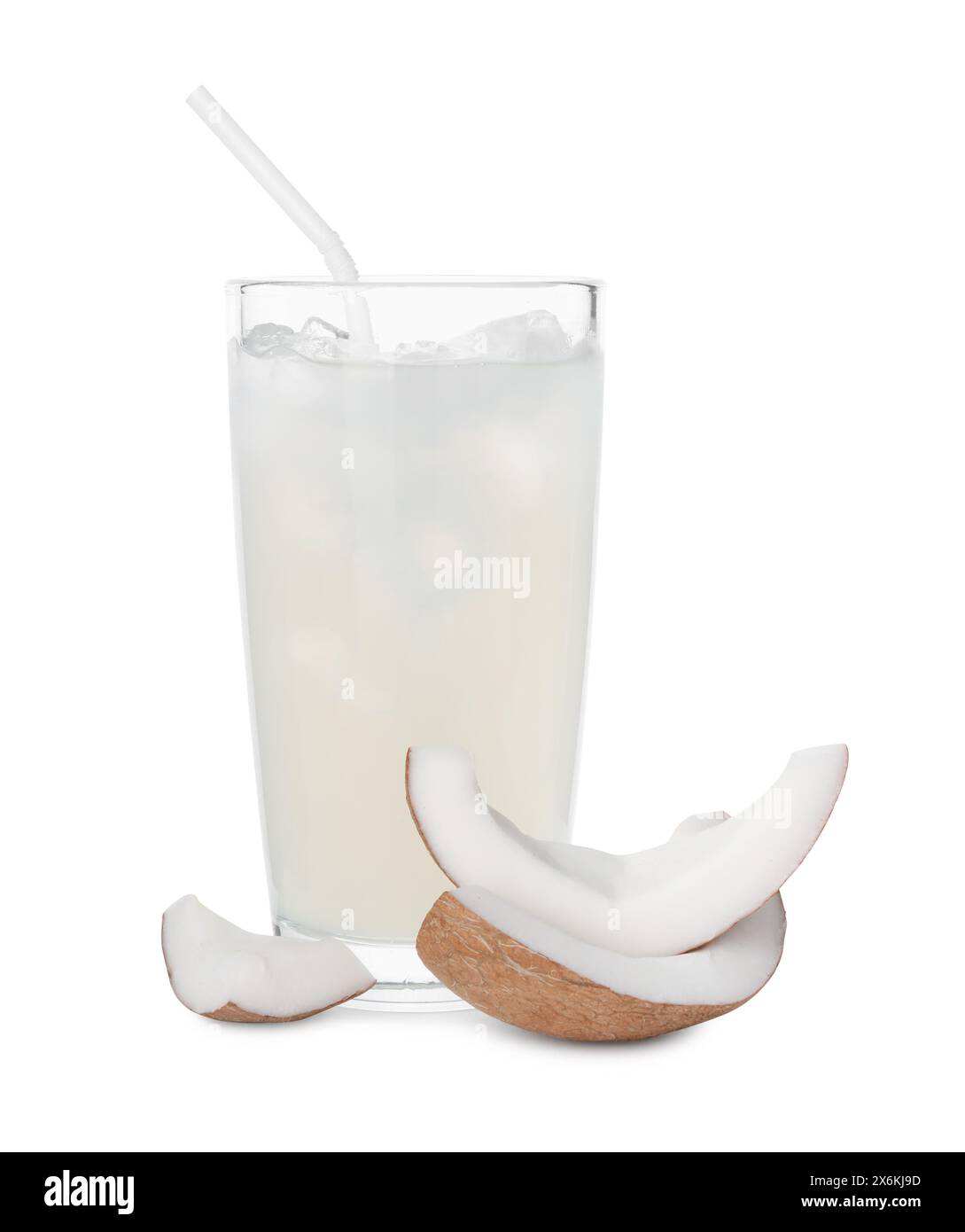 Glass of coconut water, ice cubes and nut isolated on white Stock Photo ...