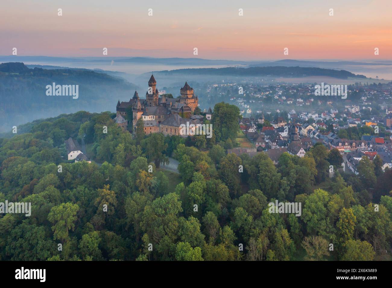 Aerial view of Braunfels castle and palace, castle towers Hubertusturm ...