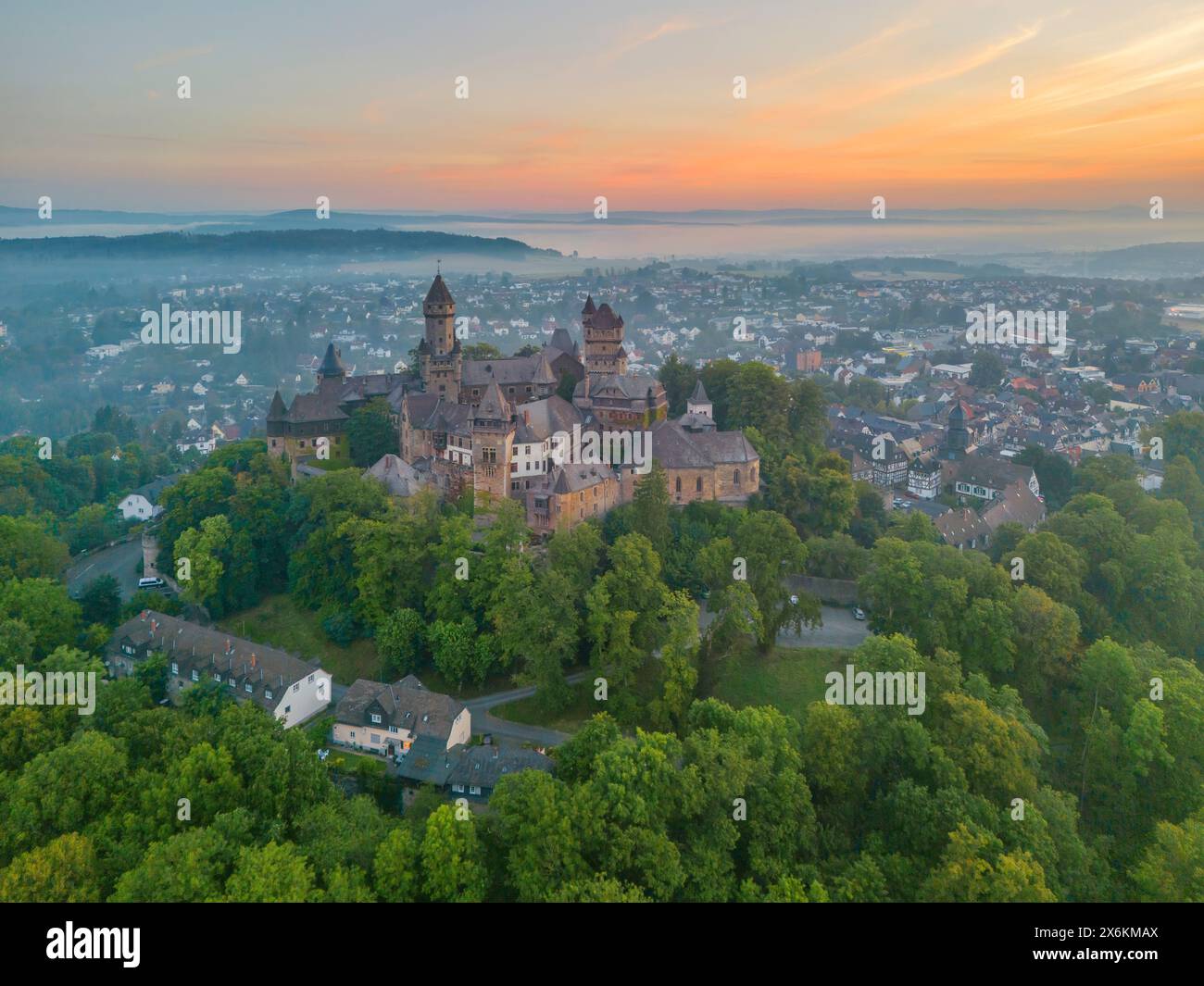Aerial view of Braunfels castle and palace, castle towers Hubertusturm ...