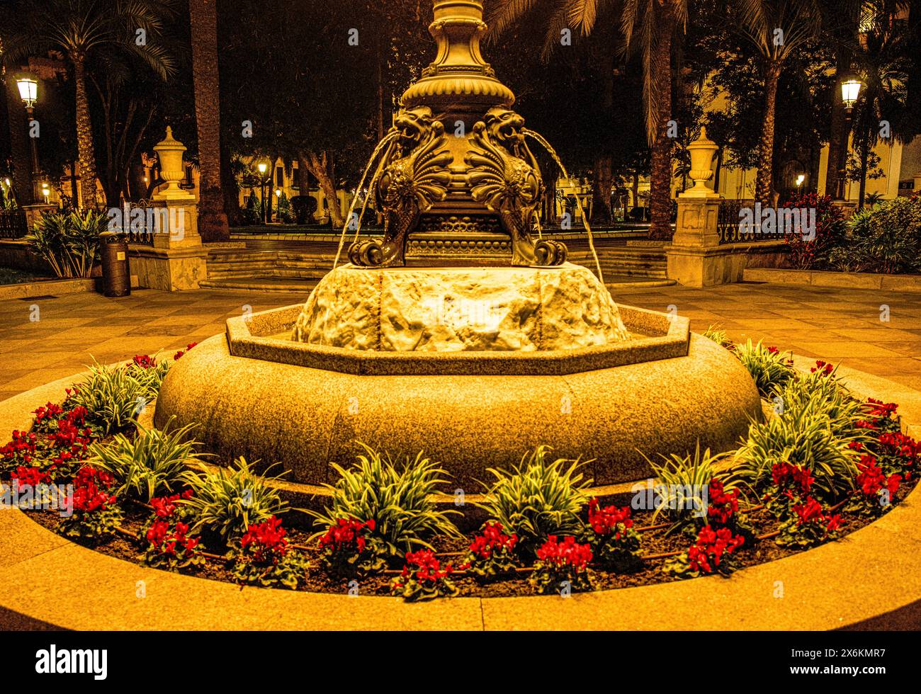 Fountain with flowers at night in Plaza de África, Ceuta, North African ...