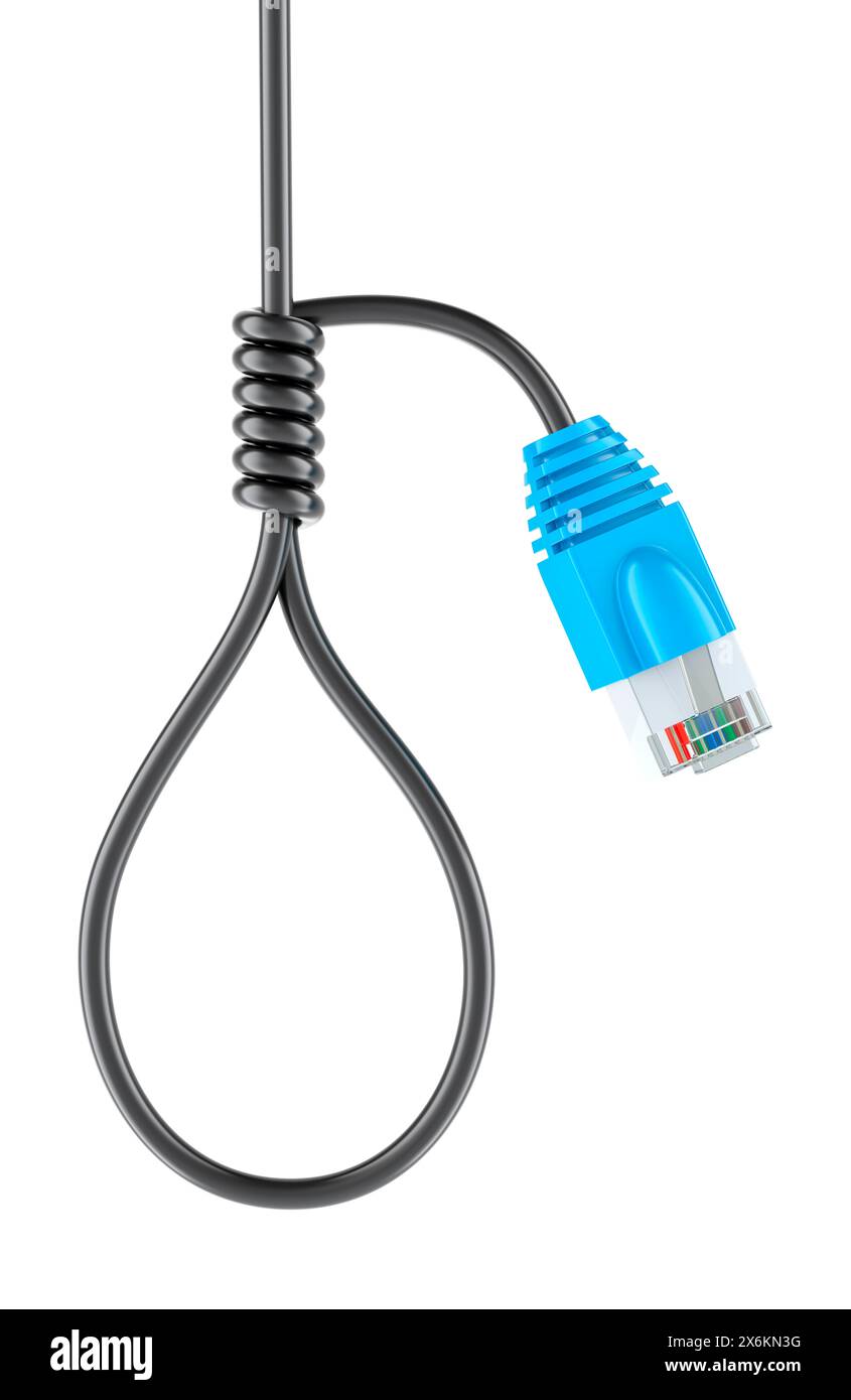 Network Problem, concept. Noose from lan cable, 3D rendering isolated ...