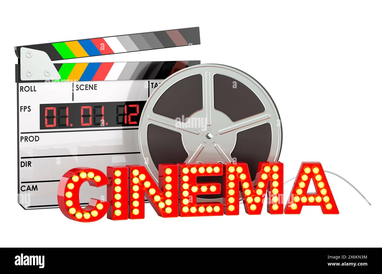 Film distribution, film production concept. Clapperboard, film reel and ...