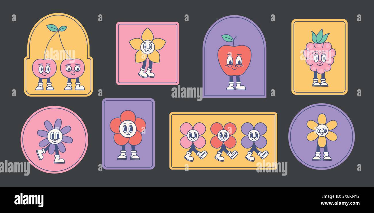 Groovy flower stickers, bedge. Trendy retro happy smiling face labels ...