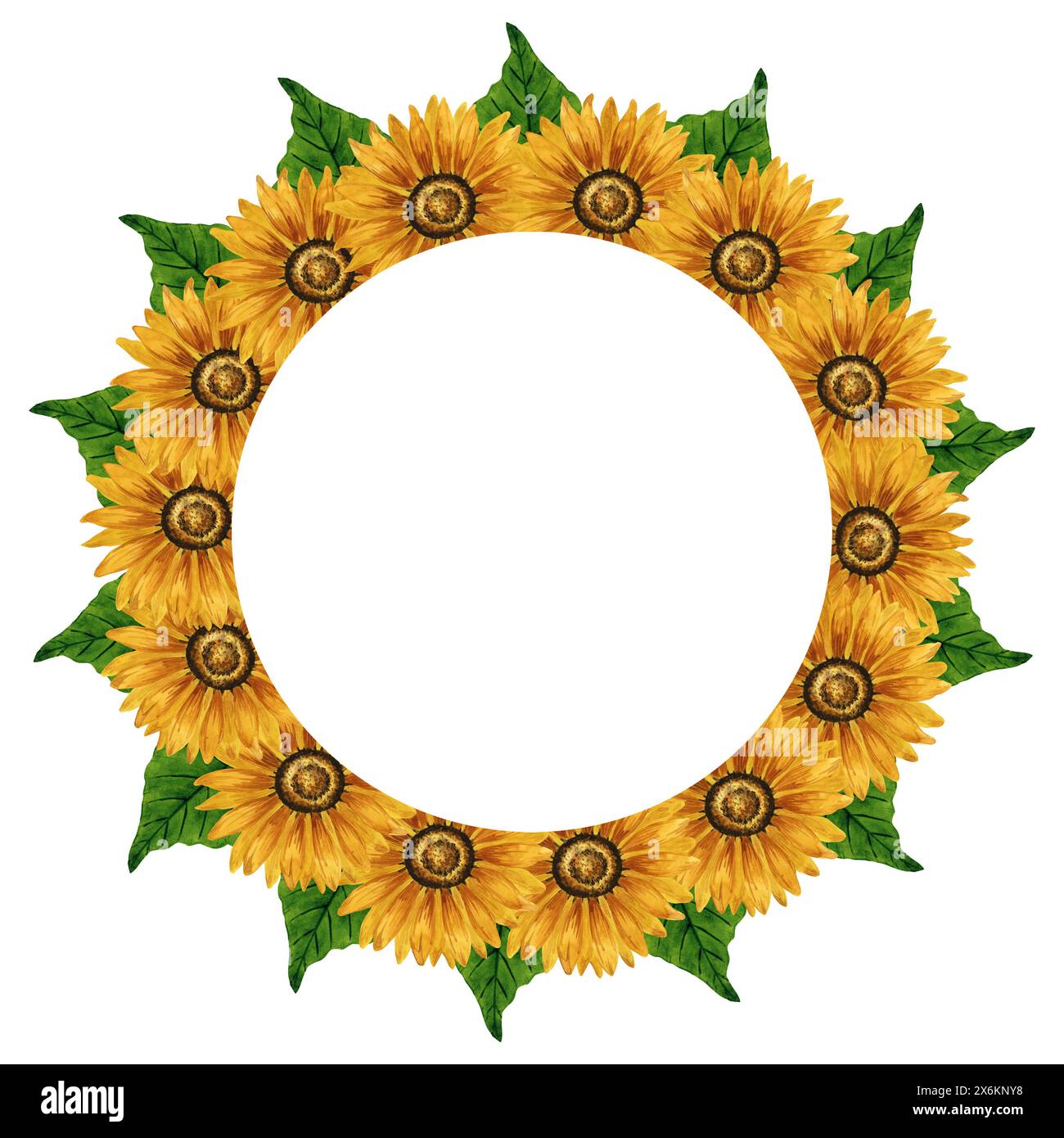 Watercolor sunflowers wreath. Round frame with yellow flowers. Summer ...
