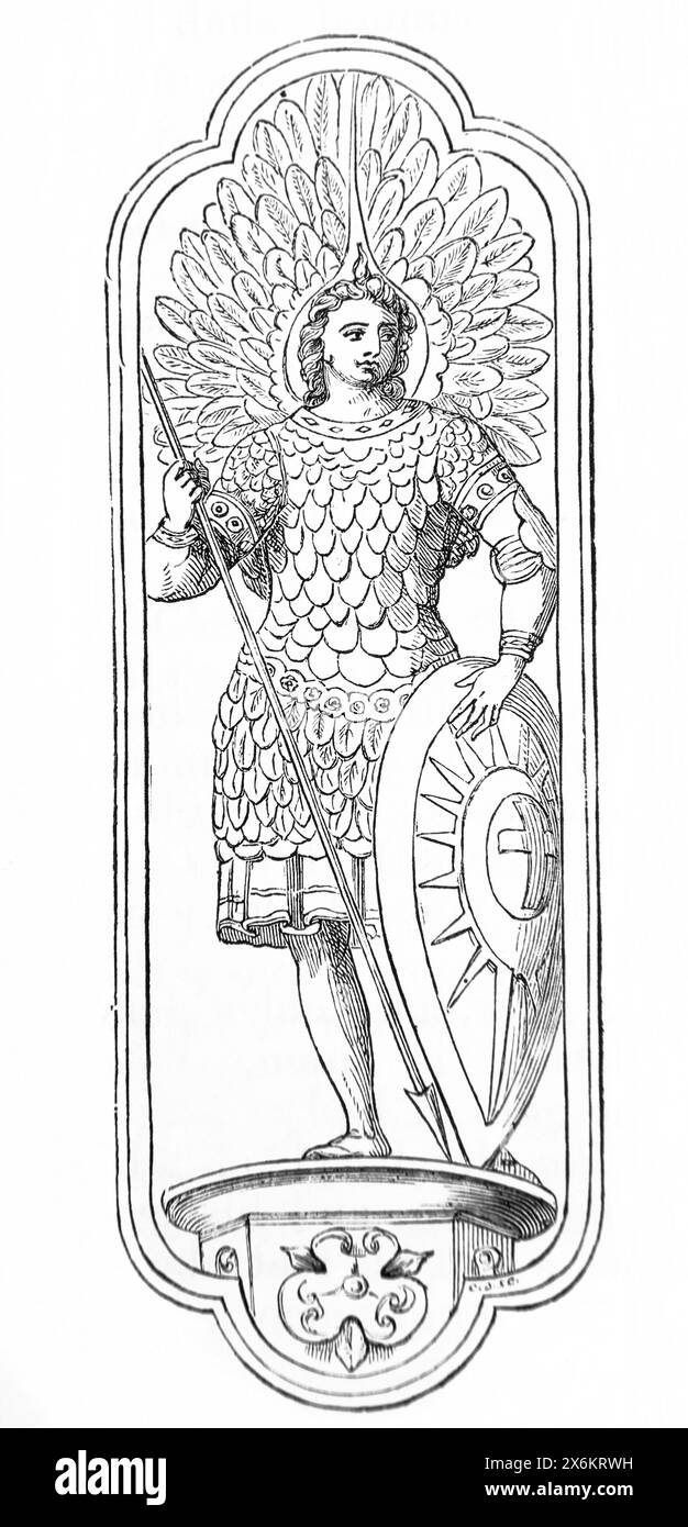Wood Engraving of Saint Michael with Spear and Shield in Antique 19th ...