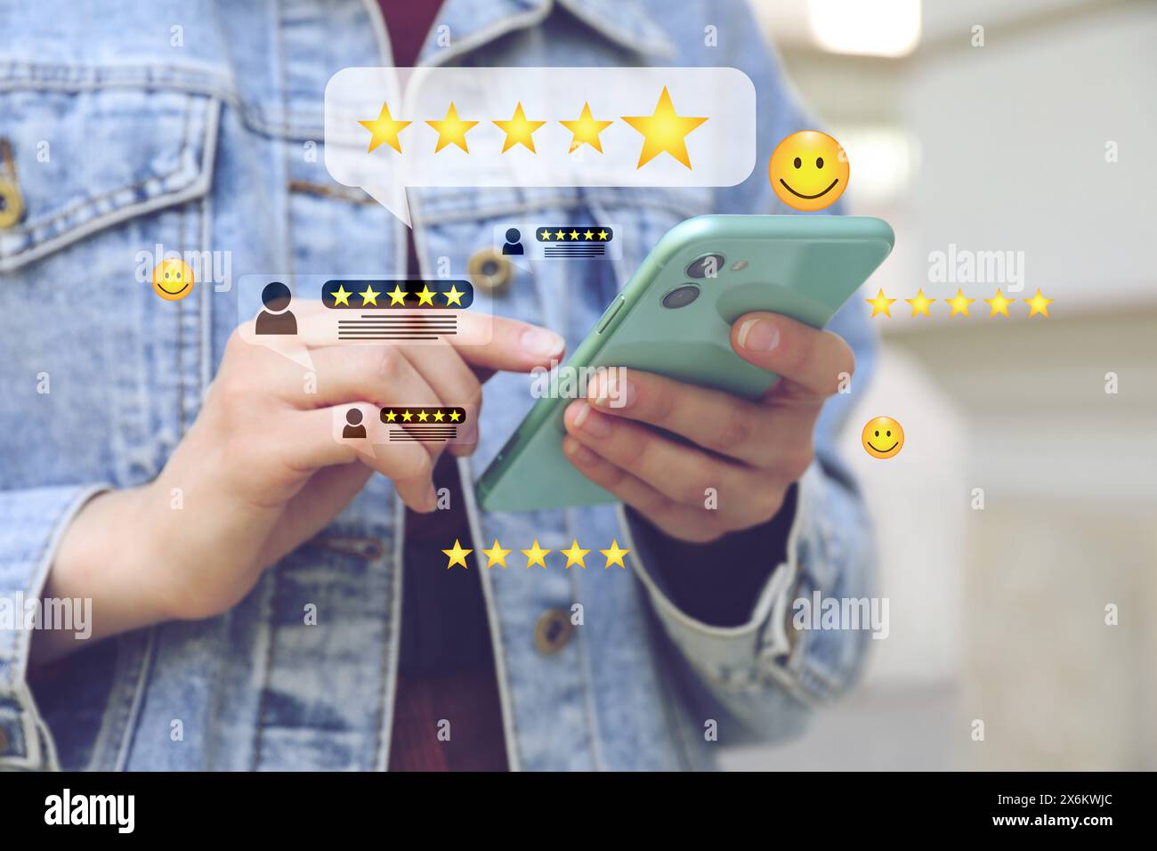 Woman leaving service feedback with smartphone outdoors, closeup. Stars ...