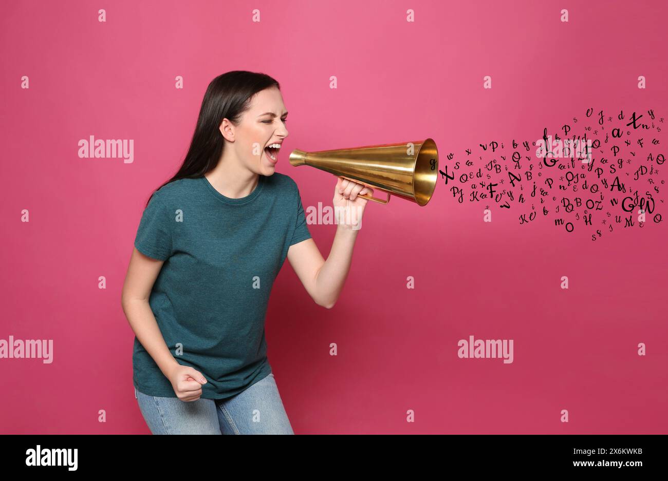 Woman using megaphone on pink background. Letters flying out of device ...