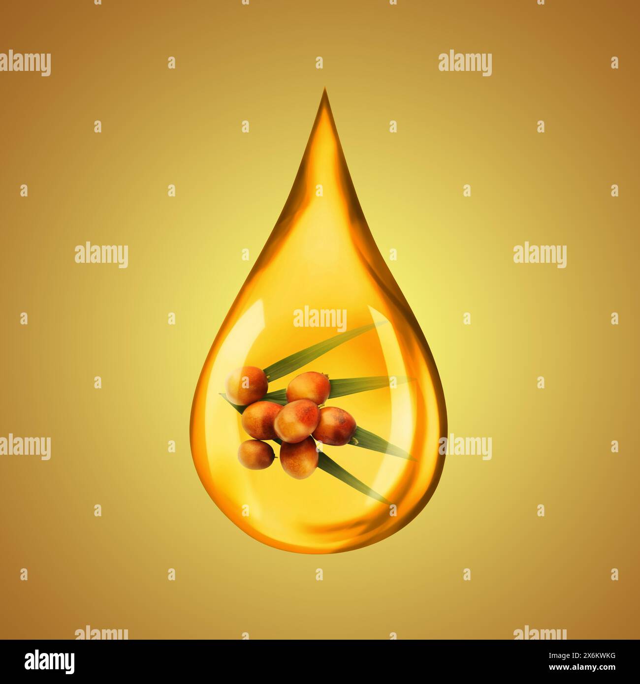 Cooking oil drop with palm leaf and fruits on golden background Stock ...