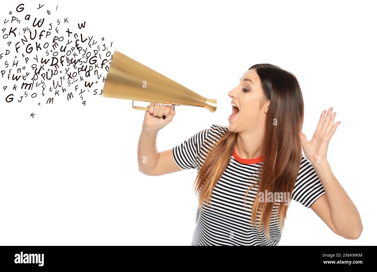 Woman using megaphone on white background. Letters flying out of device ...