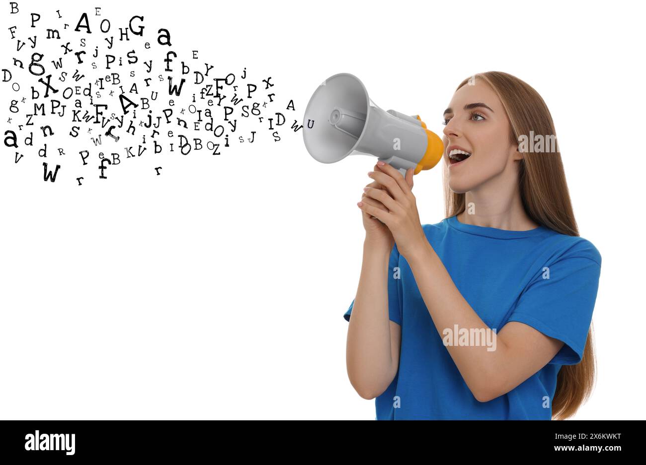 Woman using megaphone on white background. Letters flying out of device ...