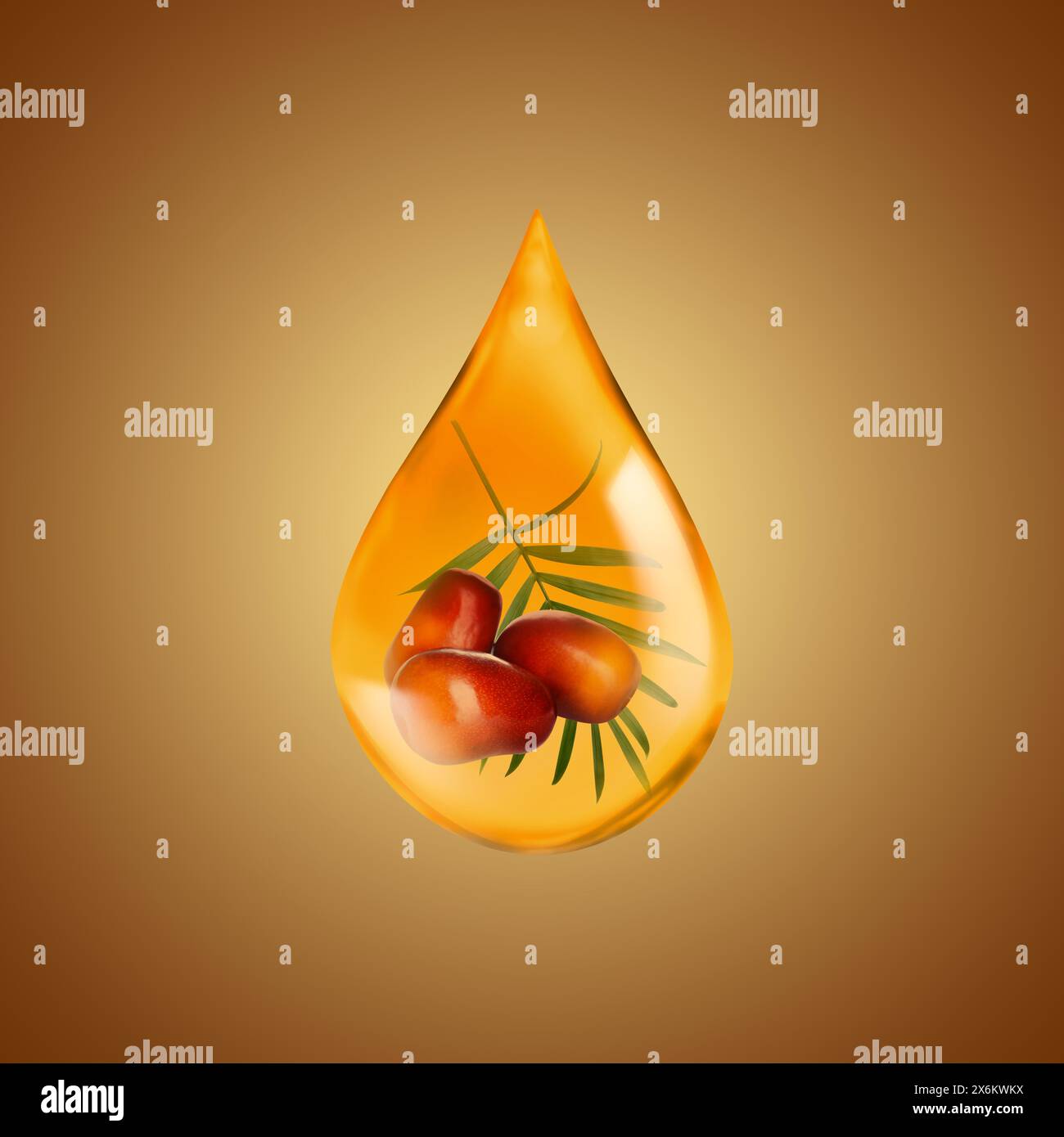 Cooking oil drop with palm leaf and fruits on dark golden background ...
