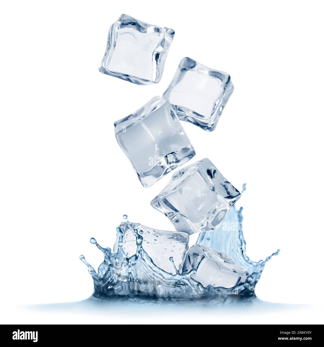 Ice cubes falling into water on white background Stock Photo - Alamy
