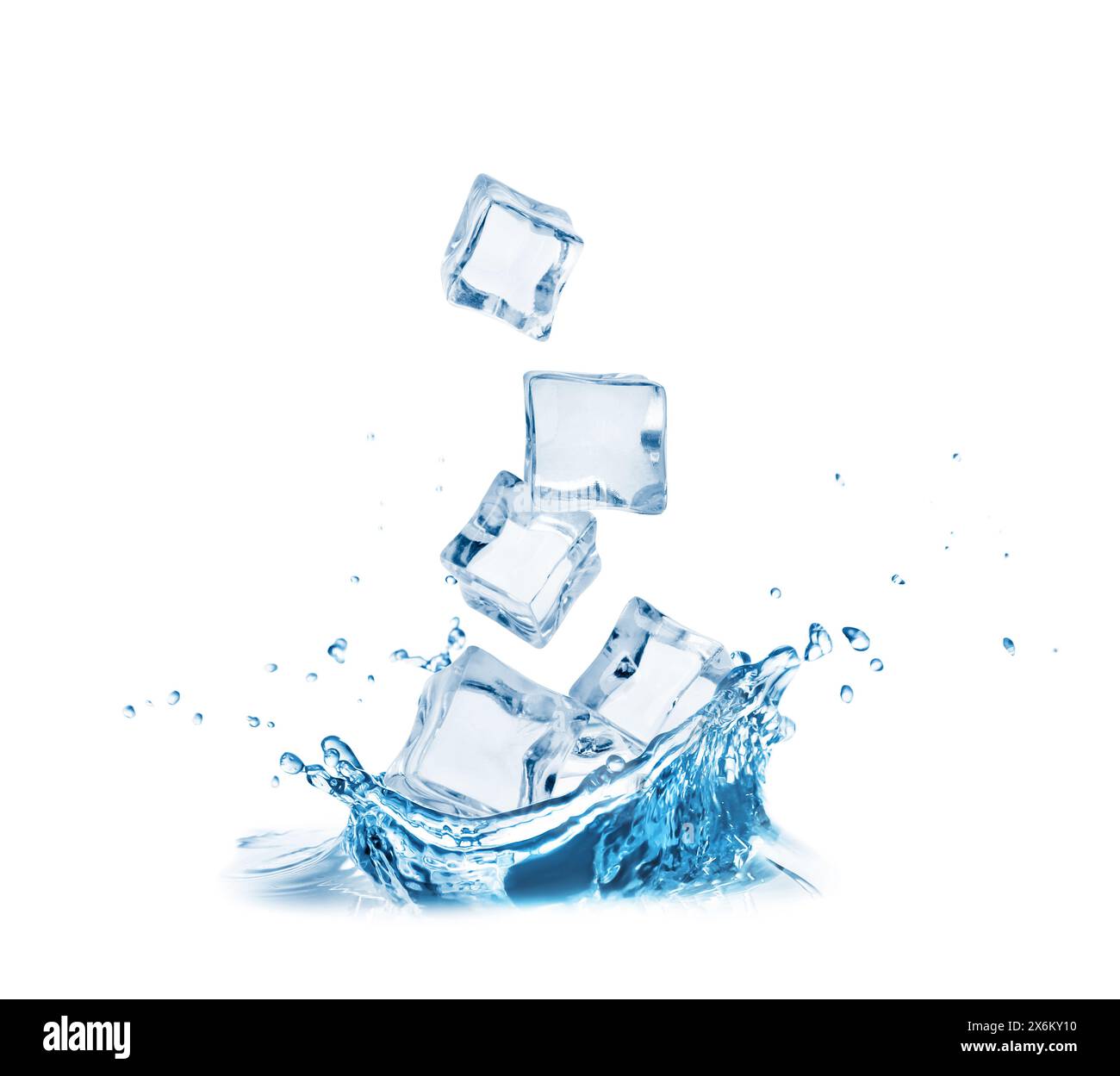 Ice cubes falling into water on white background Stock Photo - Alamy