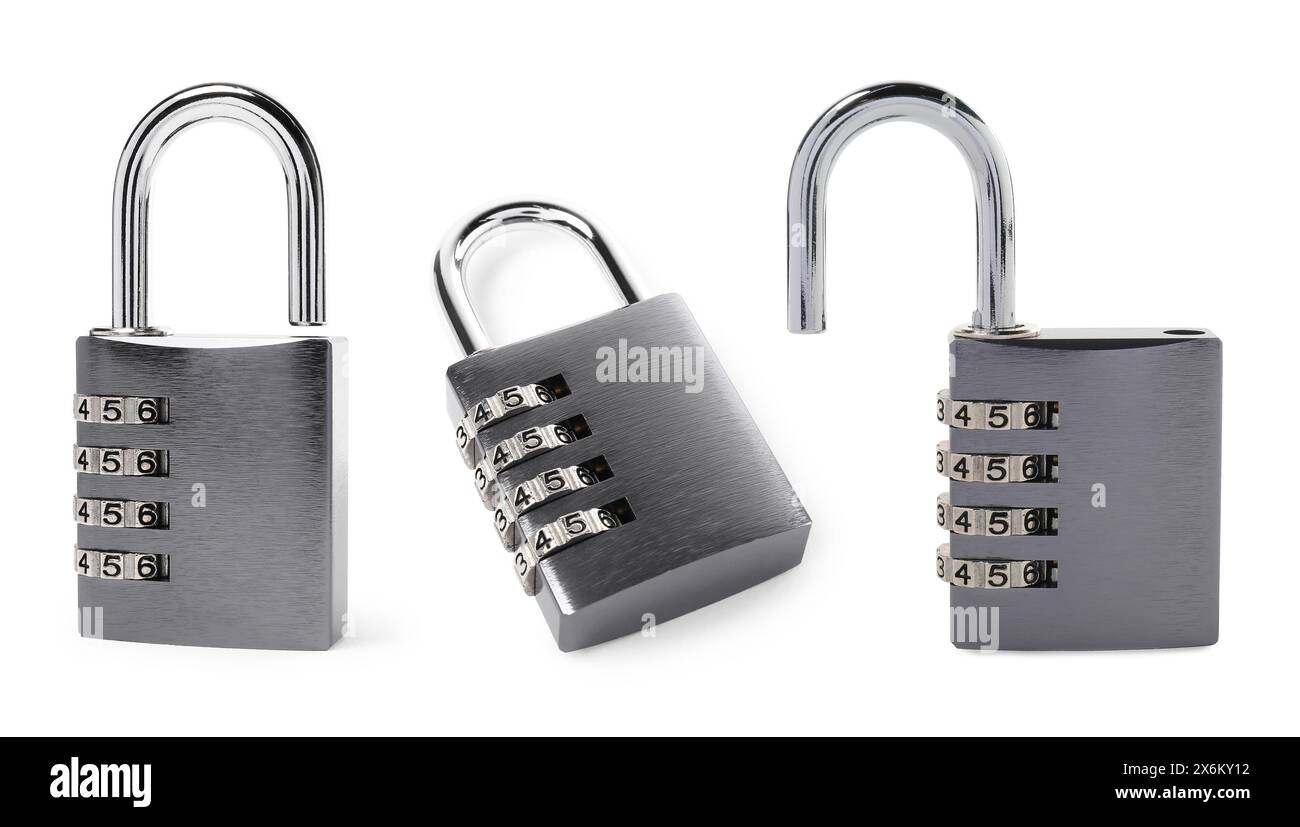 Steel combination padlock isolated on white, different sides. Set Stock ...