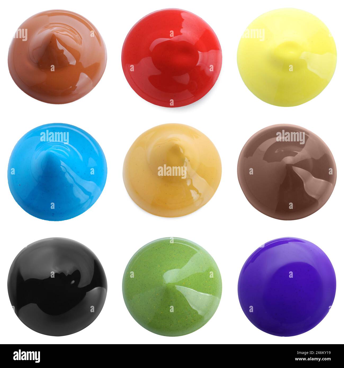 Set with paint blobs of different colors isolated on white, top view ...