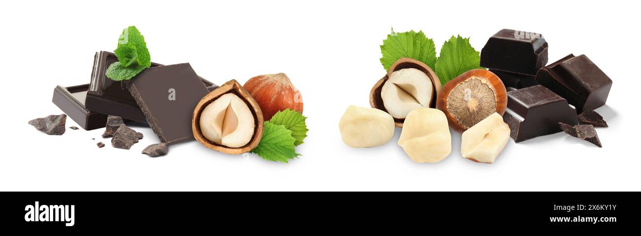 Dark chocolate and hazelnuts isolated on white Stock Photo - Alamy