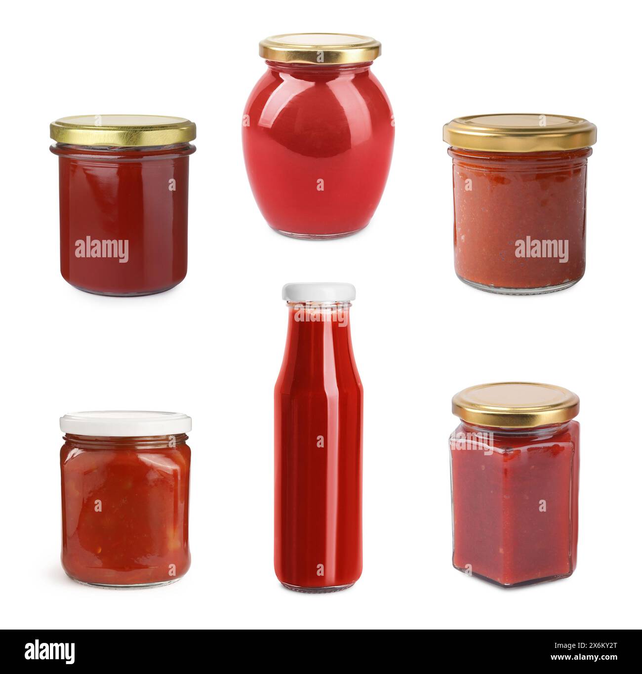 Delicious tomato sauces isolated on white, set Stock Photo - Alamy