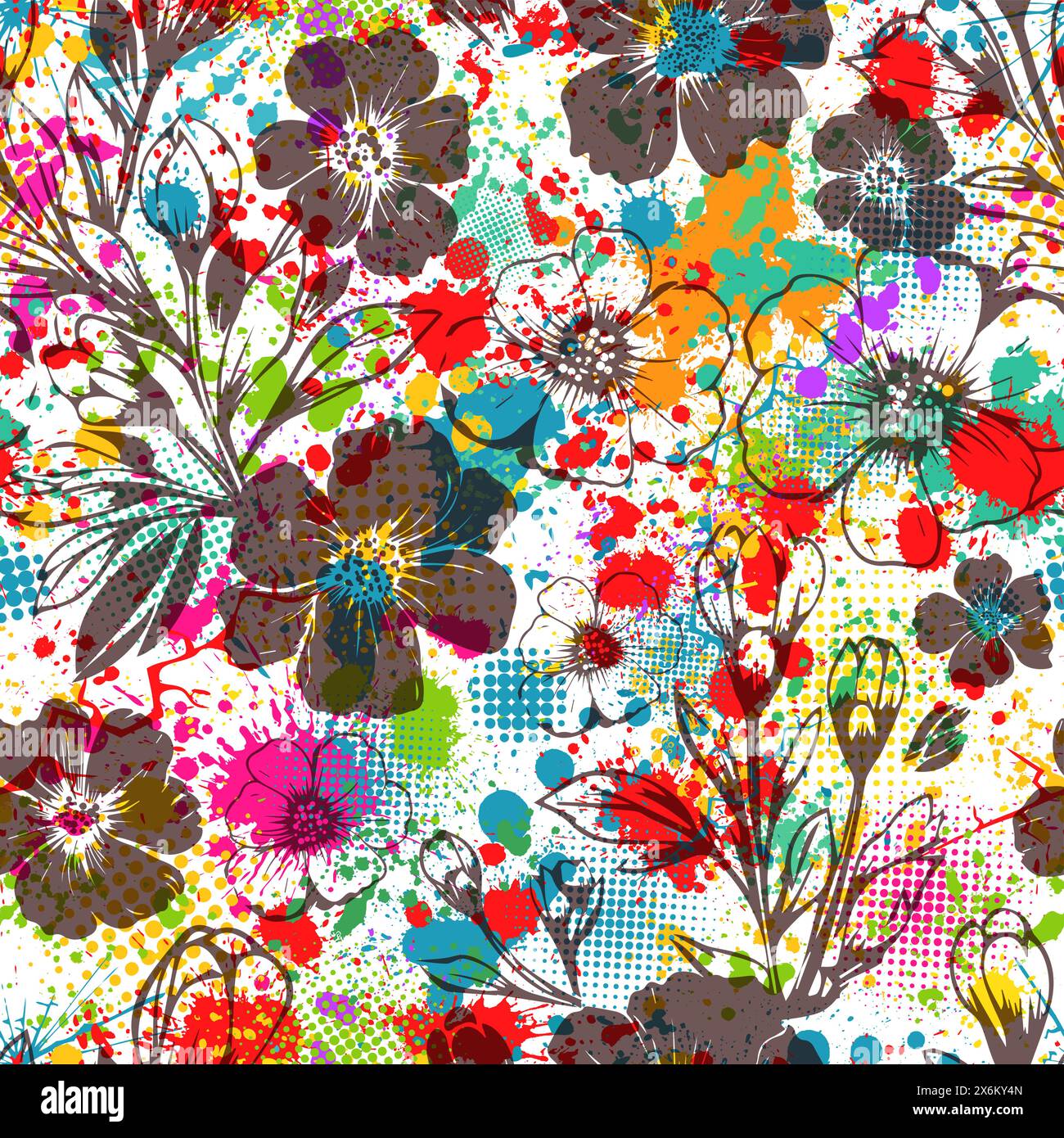 Seamless background of colored blots and flowers. hand drawing. Not AI ...