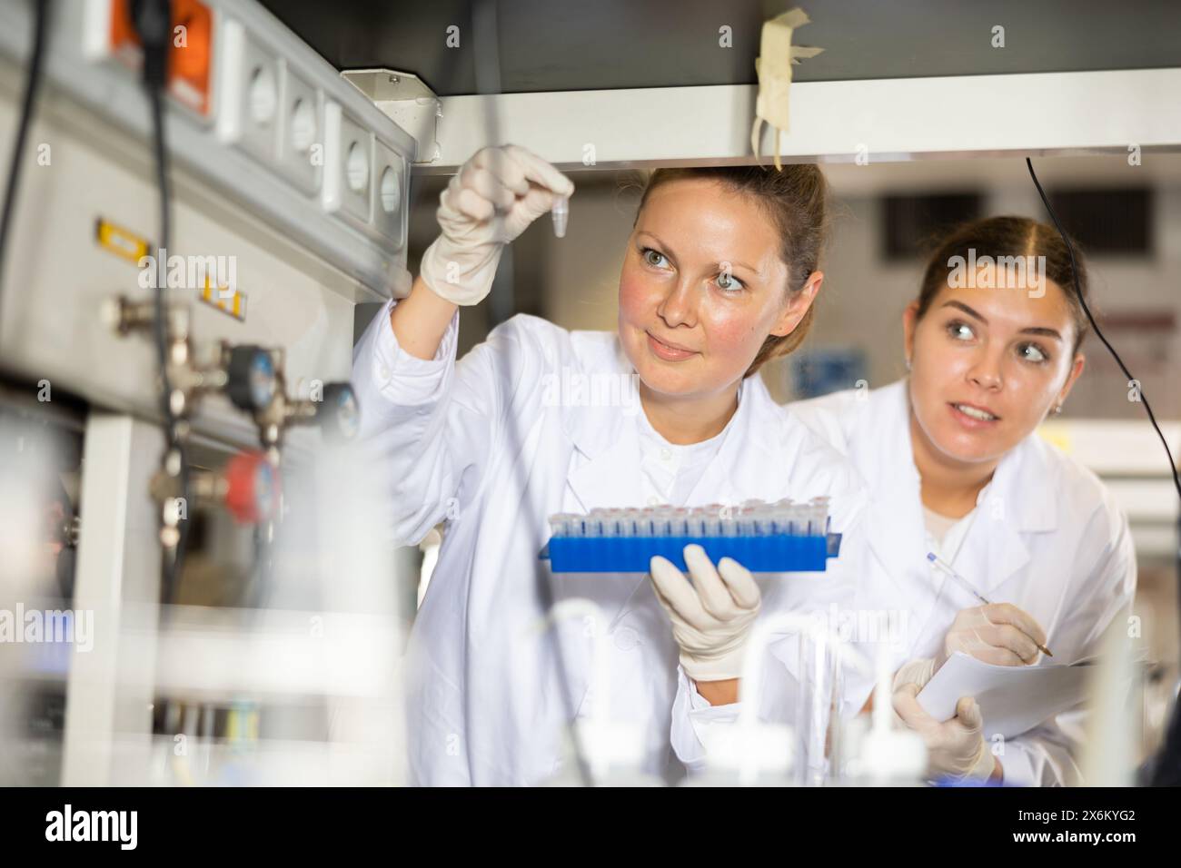 Serious female chemists making report examining solution in test tube ...