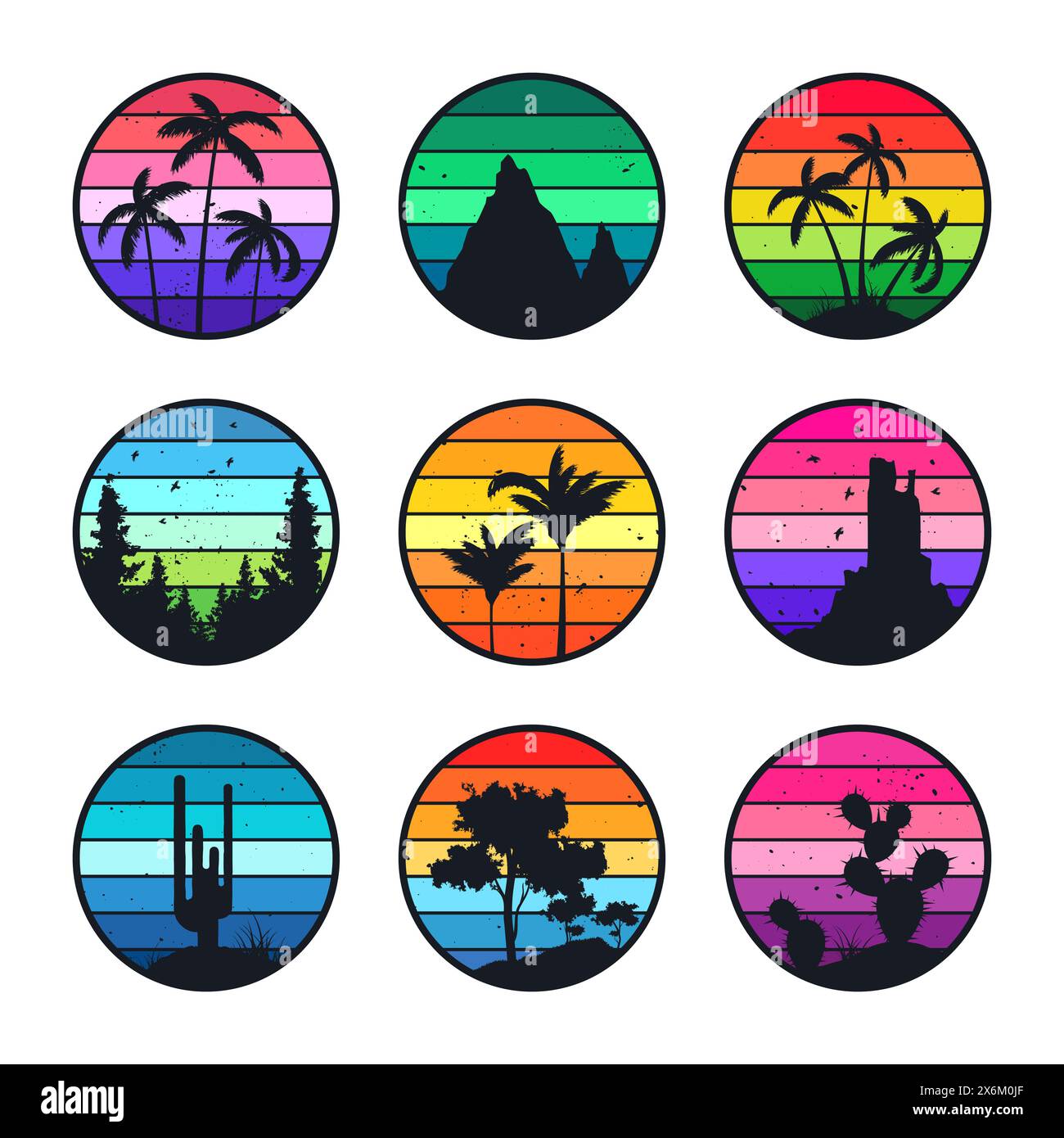 Grunge vintage sunset collection. Colorful striped sunrise badges in ...