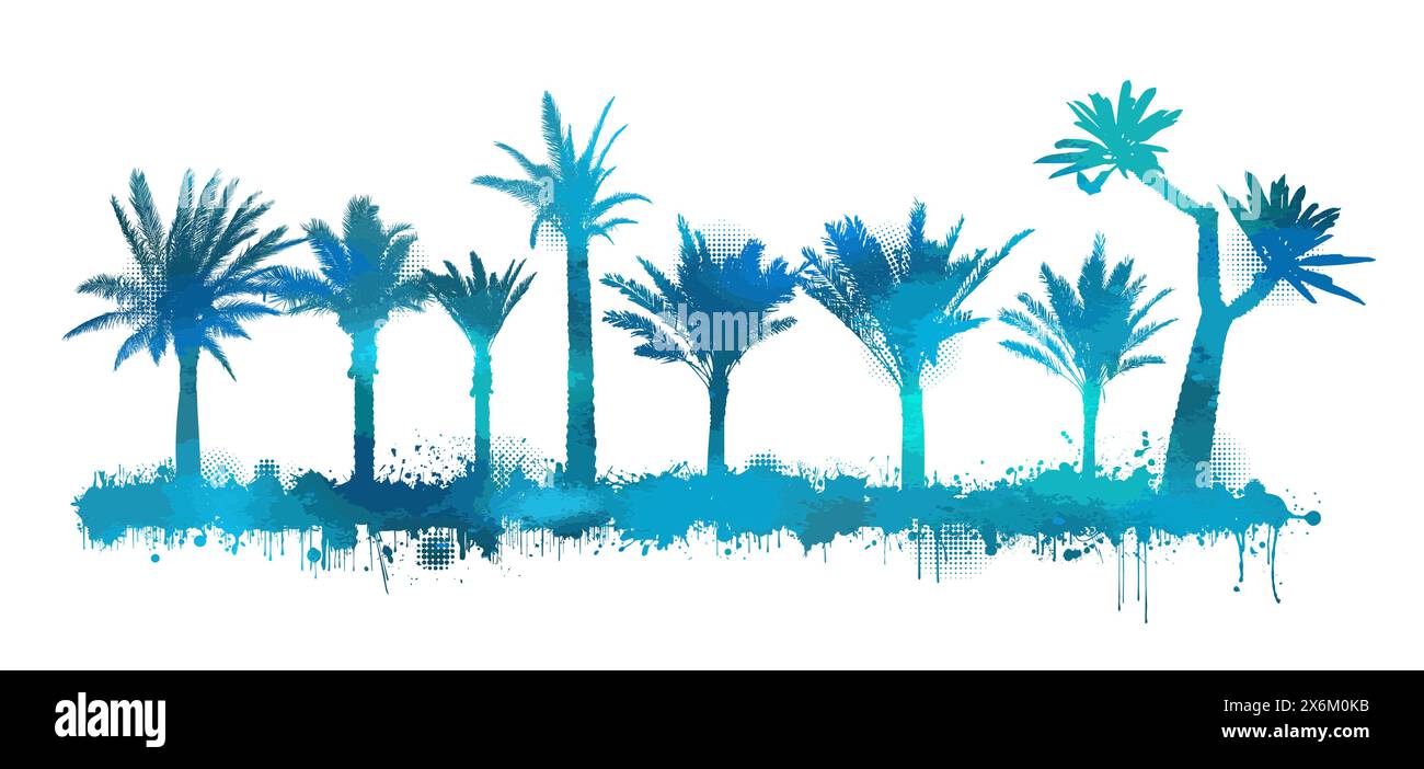 Silhouette of a blue palm trees on a white background. hand drawing ...
