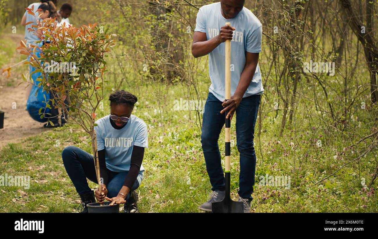 African american volunteers team digging holes and planting trees in a ...