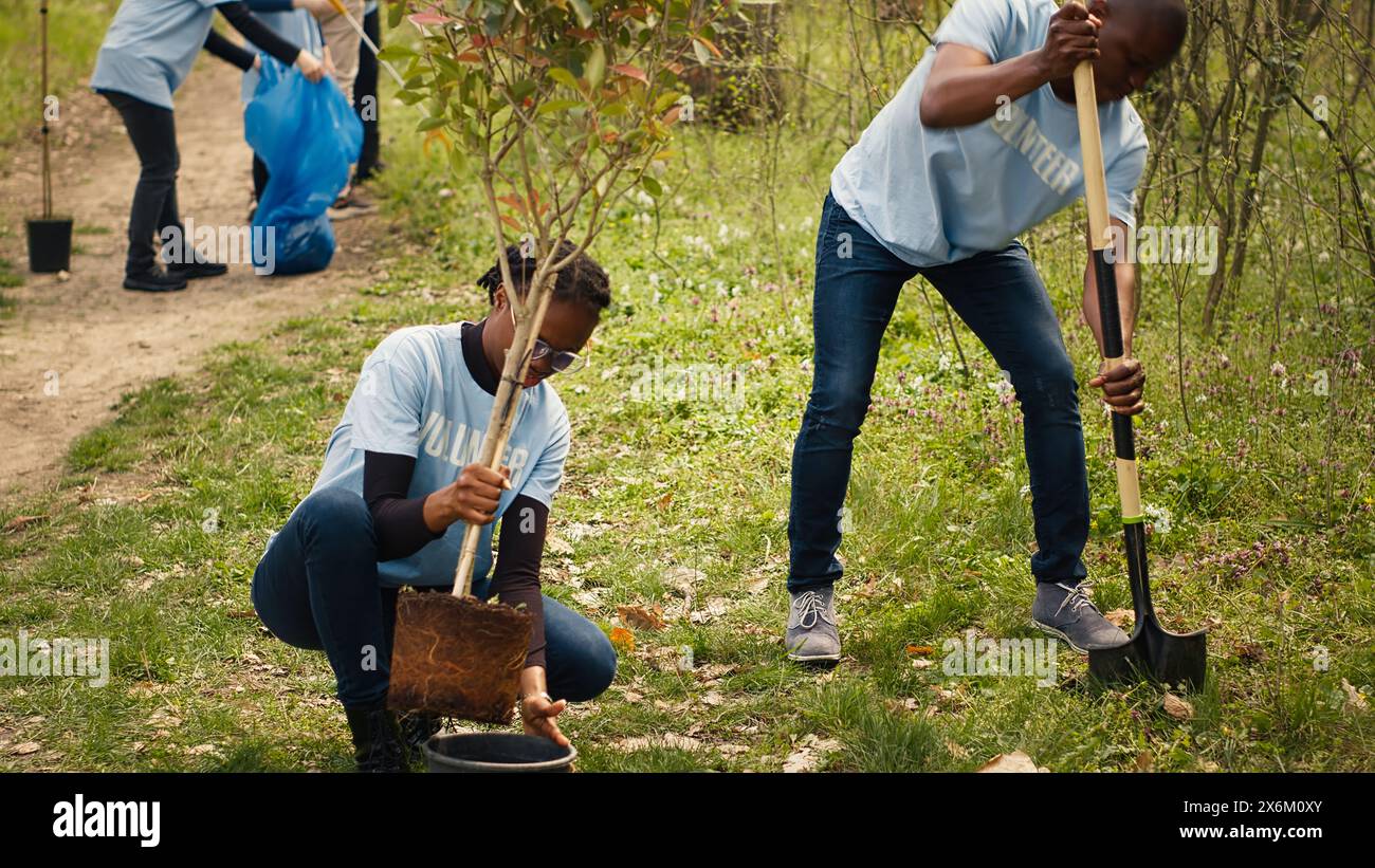 African american ecologic activists planting seedlings in a forest ...